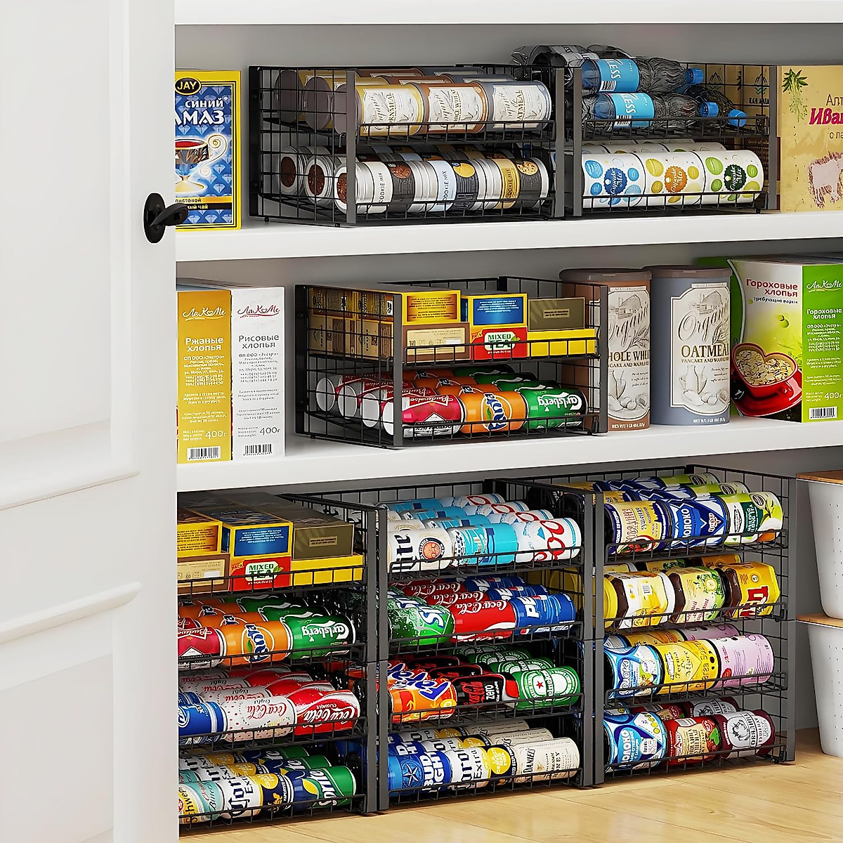 JKsmart 4-Tier Stackable Can Rack Organizer for Pantry, Adjustable Can Dispenser Holds Up to 62 Cans, Can Storage Holder for Various Ounces of Canned Food Soda Drinks, Black