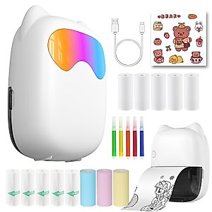 COOPOY Mini Pocket Printer, Bluetooth Smart Sticker Printer with 13 Rolls Paper,Mini Study Thermal Printer,Photo Printer Phone Printer with Cartoon Stickers and Watercolor Pen,Gift for Kids