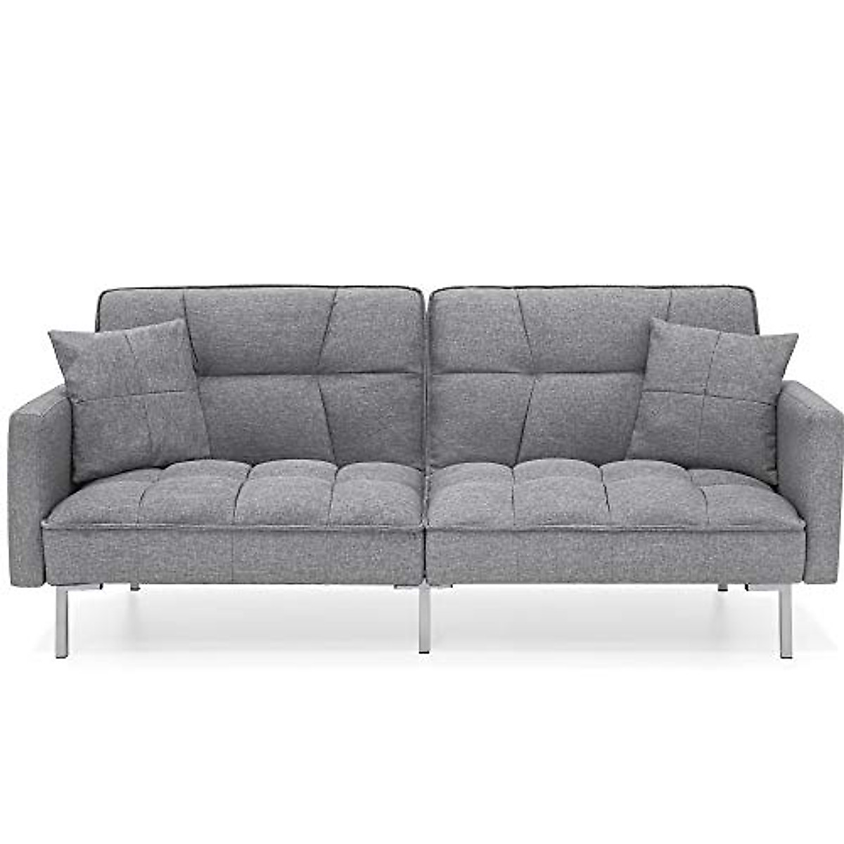 Best Choice Products Convertible Linen Fabric Tufted Split-Back Plush Futon Sofa Furniture for Living Room, Apartment, Bonus Room, Overnight Guests w/ 2 Pillows, Wood Frame, Metal Legs - Dark Gray