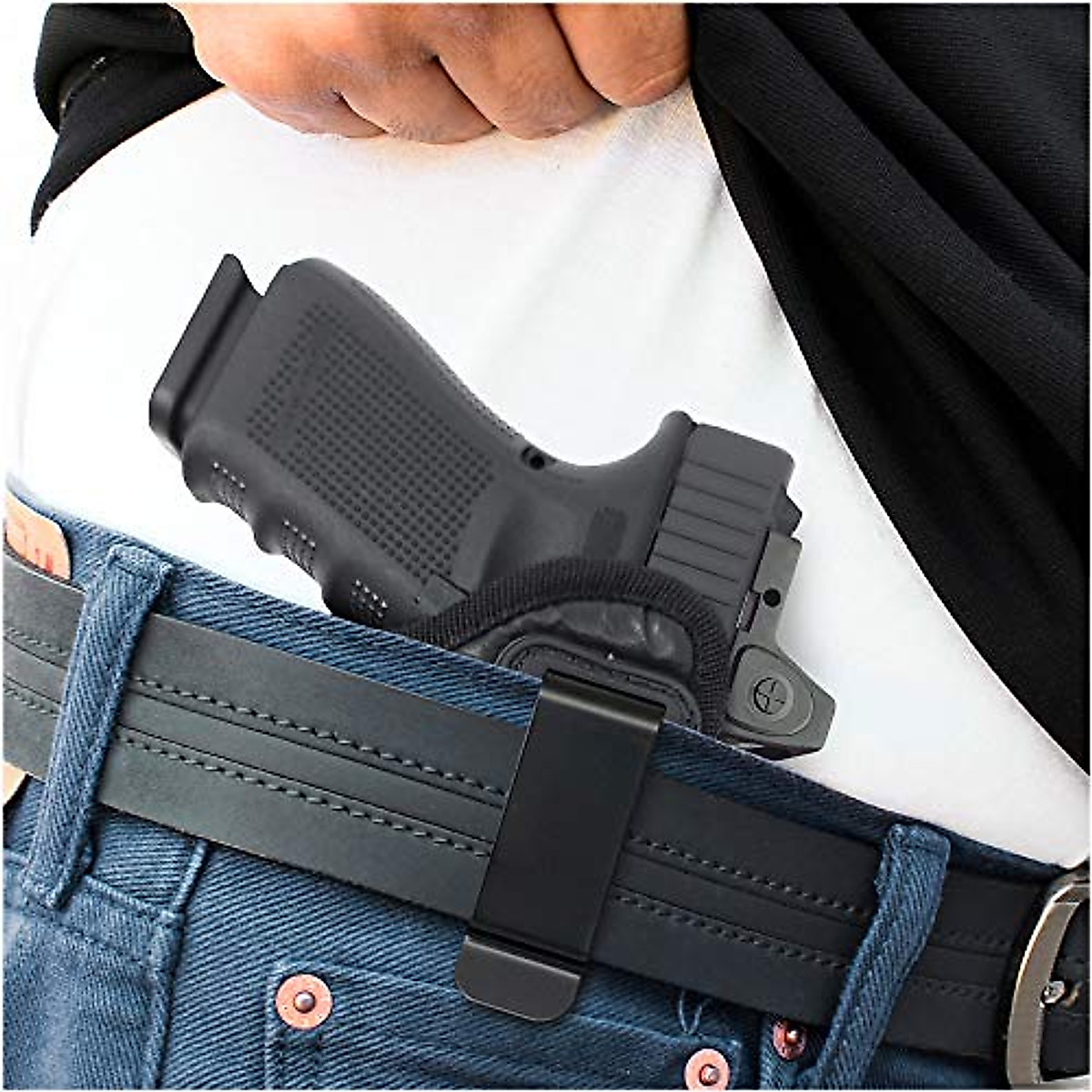 IWB Optical Gun Holster by Houston - Eco Leather Concealed Carry Soft Material | Suede Interior for Maximum Protection (Right) Black