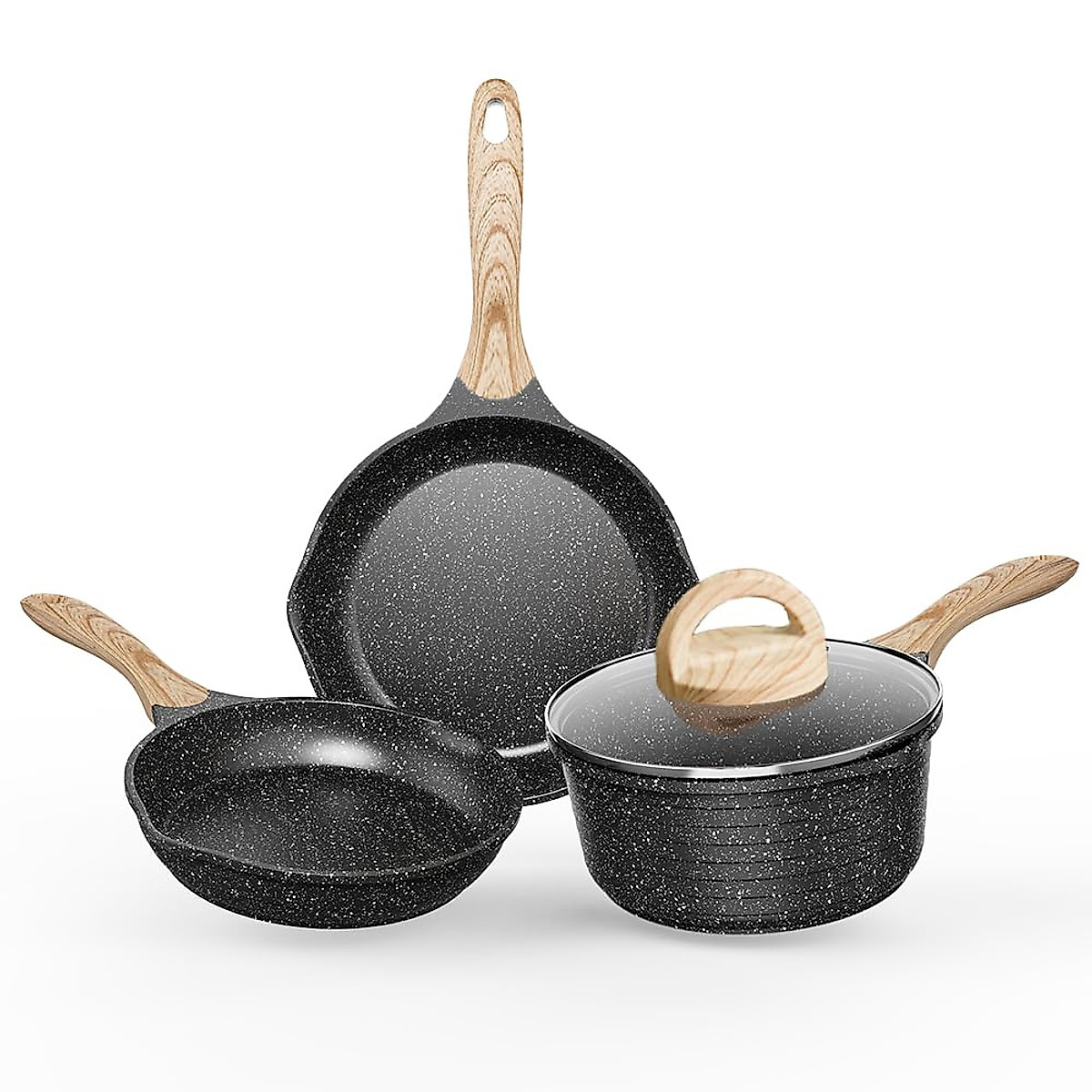 JEETEE Pots and Pans Set Nonstick, Granite Cookware Set, 8.5 Inch Frying Pan, 10 Inch Frying Pan and 2.0 Quart Saucepan with Lid (PFOA/PFOS Free), 4pcs Cooking Set (Induction, Gas, Ceramic, Electric)