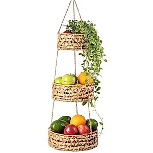 Hanging Fruit Basket Handmade Woven Hanging Basket Kitchen Storage. 3-Tier Fruit Baskets for Produce. Boho Hanging Planter Baskets - Kitchen Produce Storage Eco Friendly Organizer Heavy Duty