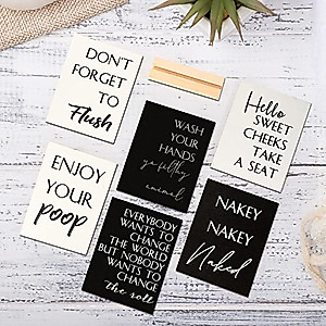 6 Pieces Funny Bathroom Signs Wooden Humor Sayings Restroom Decor Mini Bathroom Signs Decor with Base Stand Rustic Bathroom Farmhouse Decor for Home Shelf Bath Tiered Tray Table Housewarming Gifts