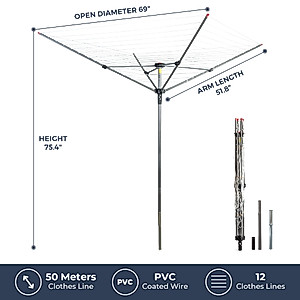 STO STO Umbrella Clothesline for Laundry, 4-Arm 12 Lines with 164 Feet Drying Space, Steel Frame, Adjustable Height, Outdoor Umbrella Rotary Drying Rack, Collapsible Clothes Drying Rack for Backyard