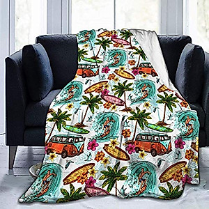 Hawaiian Surfer Retro Palm Trees Flowers Surf Boards Print Flannel Fleece Throw Blanket - Funny Crazy Lightweight Microfiber Decor Blanket Soft Cozy Warm Perfect for Bed Sofa
