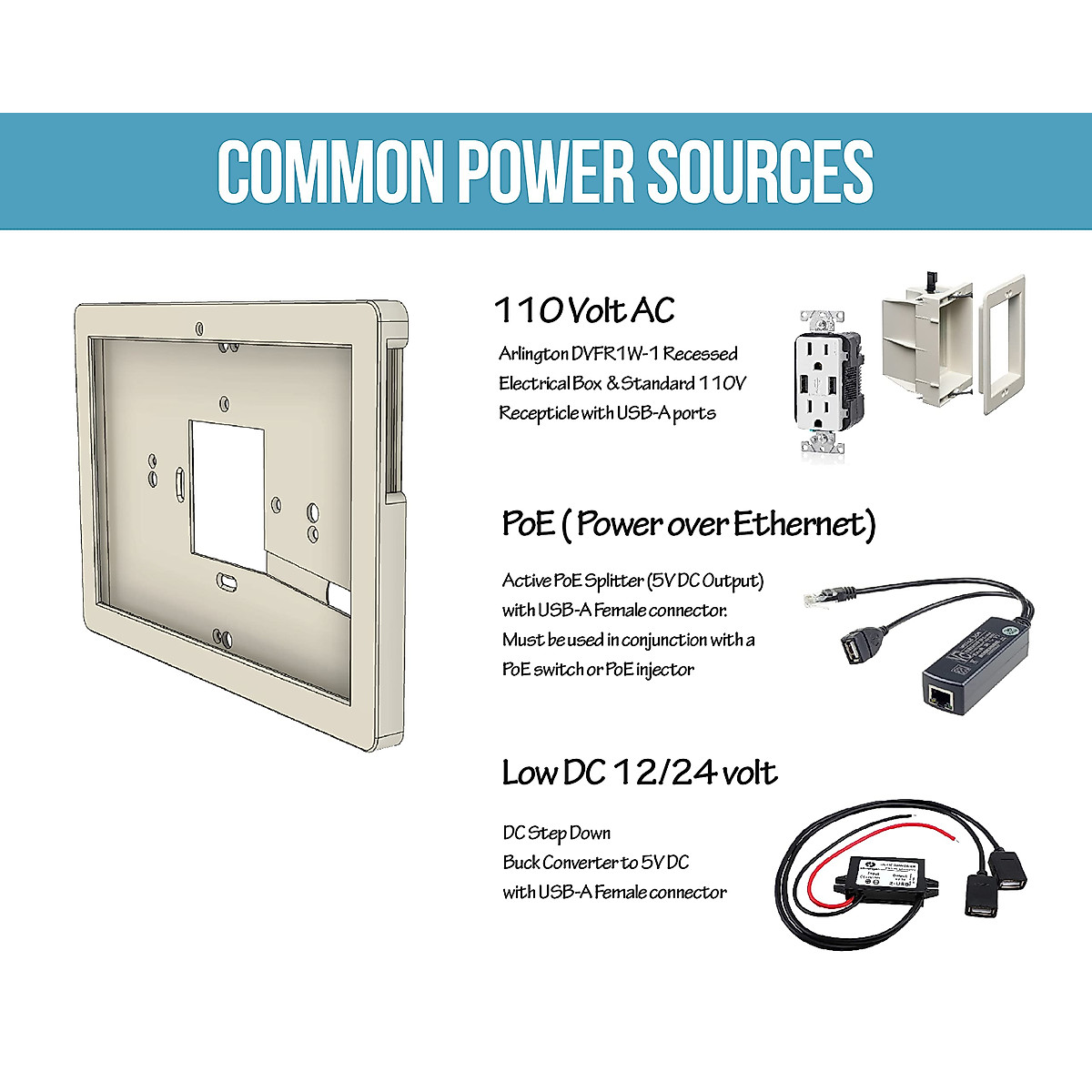 Smart Home Mount Tablet Wall Mount Kit with Integrated Power Cable - Fits Fire 10 - White