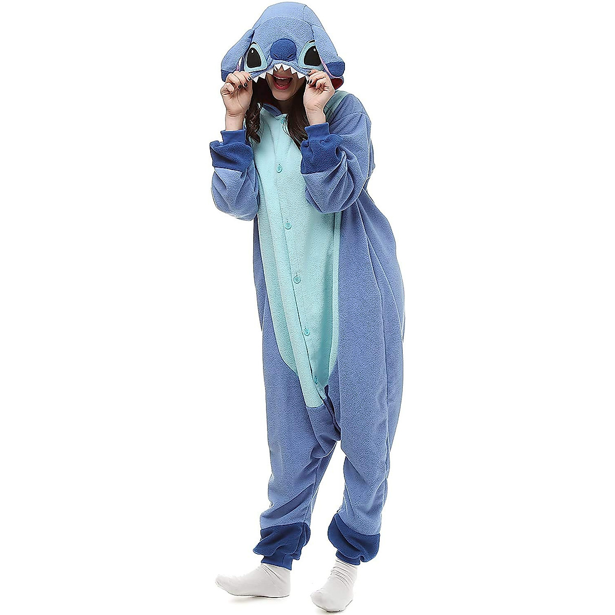 HAPPY LIVES Adult Women Onesie Pajama Halloween Costumes for Adult and Teenagers (Blue Stitch, Small)