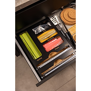 Tidy Hero - Ziplock Bag Organizer with Foil and Wrap Dispenser - 6 IN 1 Luxury Bamboo Plastic Bag Organizers with Cutter for Kitchen Drawers, Kitchen Organization Gadgets for Home, Gift, Black