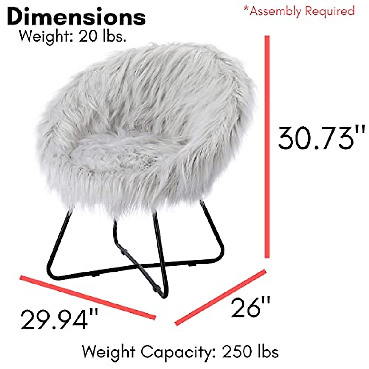 BIRDROCK HOME Grey Faux Fur Papasan Chair with Black Legs - Kids Bedroom Moon Chair - Comfy Wide Cushion Seat - Living Room Saucer - Metal - Fluffy Round Seat - Circle