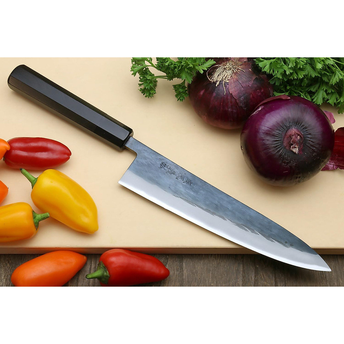 Yoshihiro Kurouchi Black-Forged Blue Steel Stainless Clad Gyuto Chefs Knife Ebony Handle (9.5'' (240mm) & No Saya)