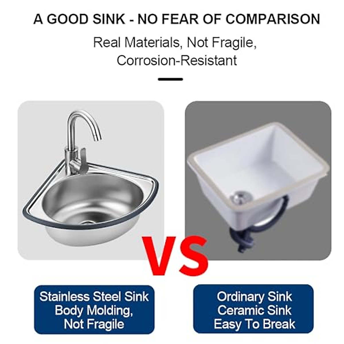 WBRSybUS Wall Mount Bathroom Corner Sink,304 Stainless Steel Triangle Kitchen Washbasin Single Sink,with Drainer Unit and Tap, Sink Edge Protector Basin,34x34cm-depth15cm,Cold Alone, Coldalone