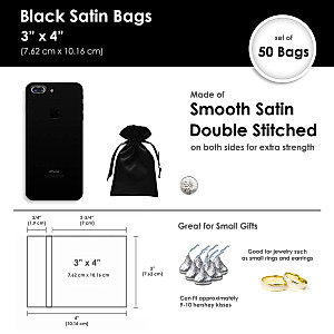 Knitial 50 Pack 6" x 9" Inch Satin Black Gift Bags, Jewelry Bags, Wedding Favor Drawstring Bags Baby Shower Christmas Gift Bags