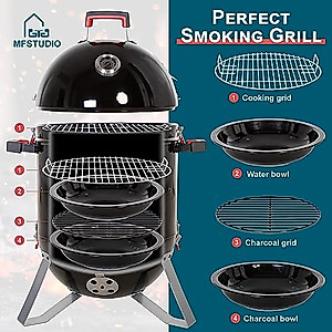 MFSTUDIO 18" Vertical Smoker and BBQ Grill, Pure Porcelain-Enameled Smokey Mountain Cooker, Heavy Duty Charcoal & Woods Outdoor Grill for Smoker, Black