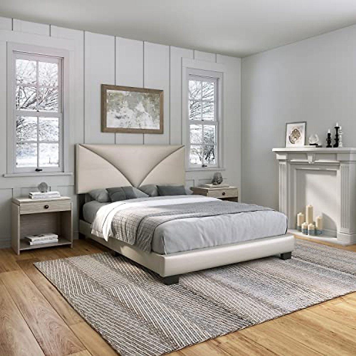 Boyd Sleep Cornerstone Platform Bed Frame with Fabric Upholstered Headboard and Wooden Slats Supports, Box Spring Required: Faux Leather, Silver, Full