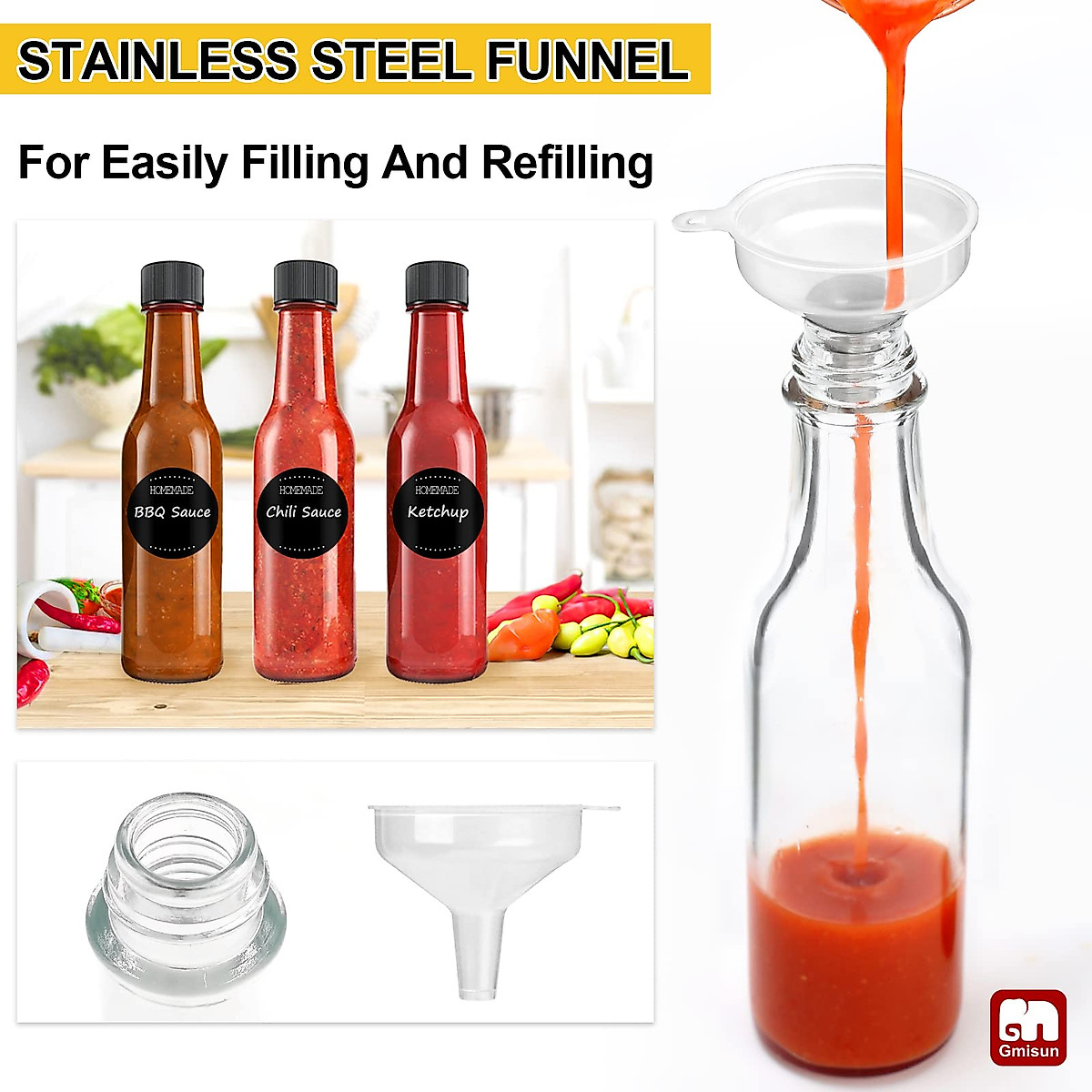 GMISUN Mini Hot Sauce Bottles 5 oz, 24 Pack Glass Woozy Bottles with Shrink Capsules, Mini Wine Bottles with Labels, Funnel, Caps, Dripper Inserts, for Homemade Hot Sauces, Dressing