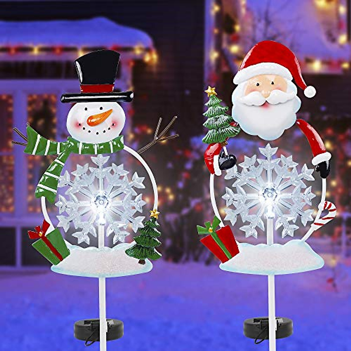 FORUP Solar Christmas Yard Decorations, Outdoor LED Solar Powered Snowflake Xmas Pathway Lights, Metal Garden Stake Lights, Snowman Santa Christmas Lawn Yard Ornament, Set of 2