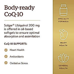 Solgar Ubiquinol 200 mg (Reduced CoQ-10), 30 Softgels - Promotes Heart & Brain Function - Supports Healthy Aging - Coenzyme Q10 - Ubiquinone Supplement - Gluten Free, Dairy Free - 30 Servings