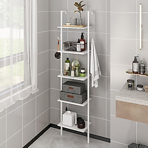 Tohomeor Industrial Bookshelf Wall Mounted 5-Tiers Ladder Shelf Wooden and Metal Narrow Thin Bookshelf Open Display Storage Rack for Living Room Bedroom Home Office (White, Narrow)