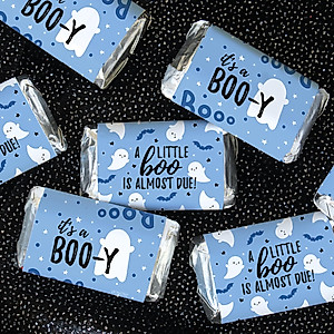 Blue A Little Boo is Almost Due Boy Baby Shower Wrappers for Mini Chocolate Bars, Halloween Baby Shower Party Favor Candy Stickers - 45 Count
