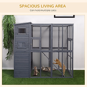 PawHut Outdoor Catio, Cat House Wooden Feral Cat Shelter, Cat Cage with Platforms, Waterproof Asphalt Roof, Ramps, 77" L, Gray