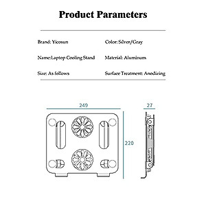 YICOSUN Portable Aluminum Laptop Holder, with Cooling Fan,Adjustable Ergonomic Laptop Stand, Foldable Computer Stand Anti-Slip Laptop Riser Compatible with 9-15.6 inch Laptops, Silvery