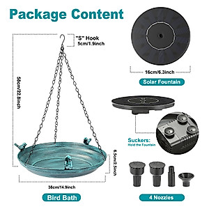 DazSpirit Hanging Solar Bird Bath Fountain, 14.9inch Diameter Green Metal Bird Bath Bowl with Solar Powered Pump & 4 Water Spray Nozzles for Outdoor Garden Backyard Patio Lawn