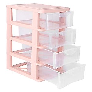 DOITOOL Four- Layer Storage Drawers- Transparent Plastic Drawers Organizer- Multifunction Plastic Drawers Kitchen Pantry Storage Cabinet for Kitchen, Bathroom, Vanity, Desk ( Pink )