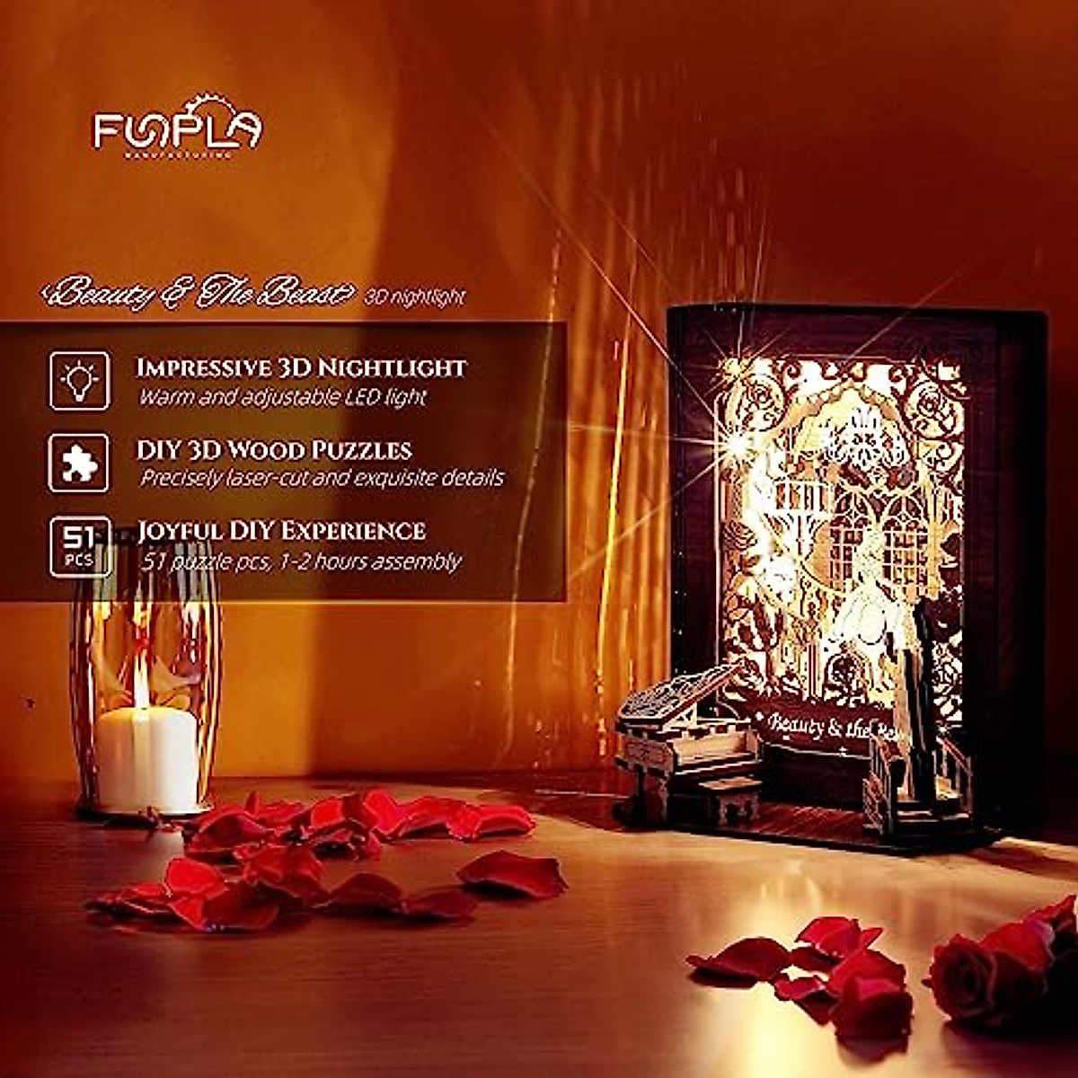 FUNPOLA Beauty and The Beast 3D Puzzle Nightlight – LED 3D Puzzle Gifts – 3D Wood Puzzles Storybook Nightlight Home Décor for Kids and Adults