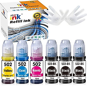st@r ink Compatible Ink Bottle Replacement for Epson 522 502 Refill for EcoTank ET-2720 ET-2800 ET-4700 ET-4800 ET-2710 ET-2803 Printer(3BK, 1C, 1M, 1Y), 6 Packs