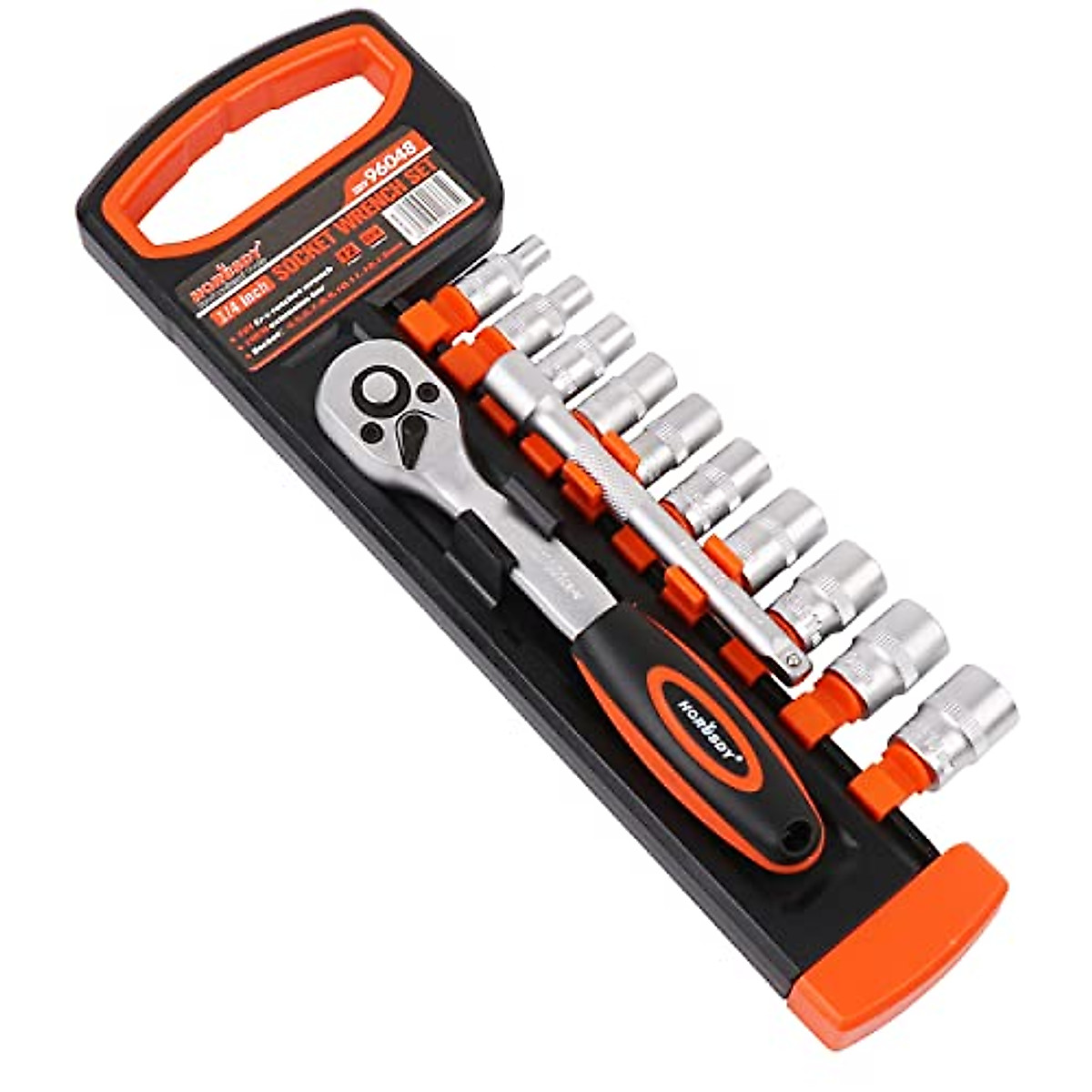 HORUSDY 12-Pieces 1/4” Ratchet Socket Wrench Set, Drive Socket Set, 4mm -13mm Sockets and, Quick Released Ratchet Handle and 10 cm Extension Bar