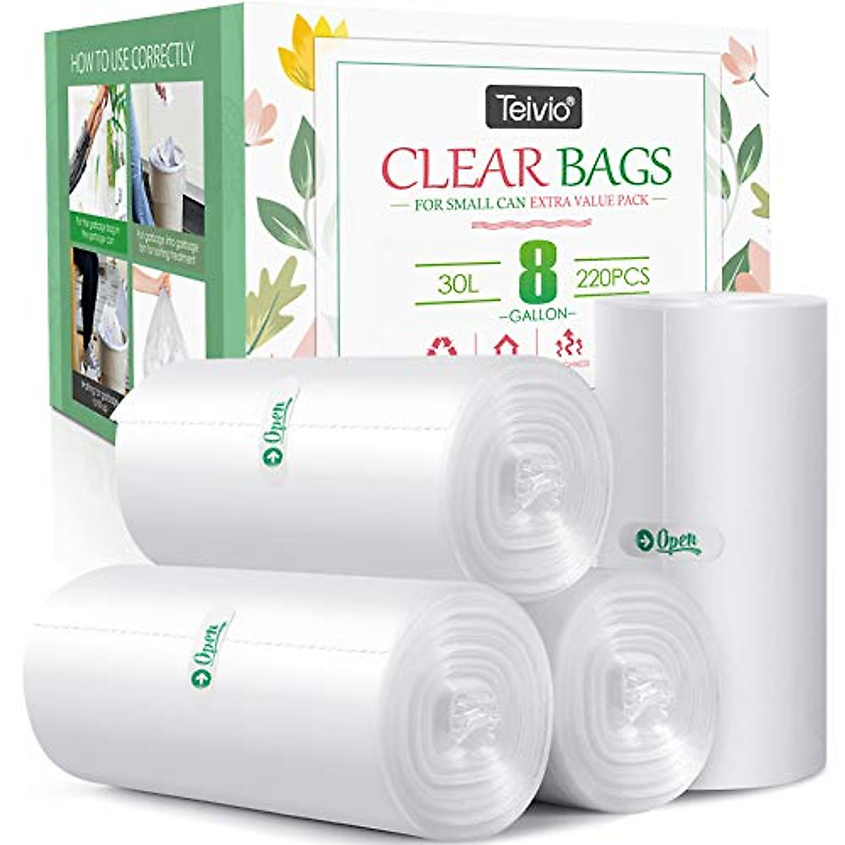 8 Gallon 220 Counts Strong Trash Bags Garbage Bags by Teivio, Bin Liners, for home office kitchen, Clear