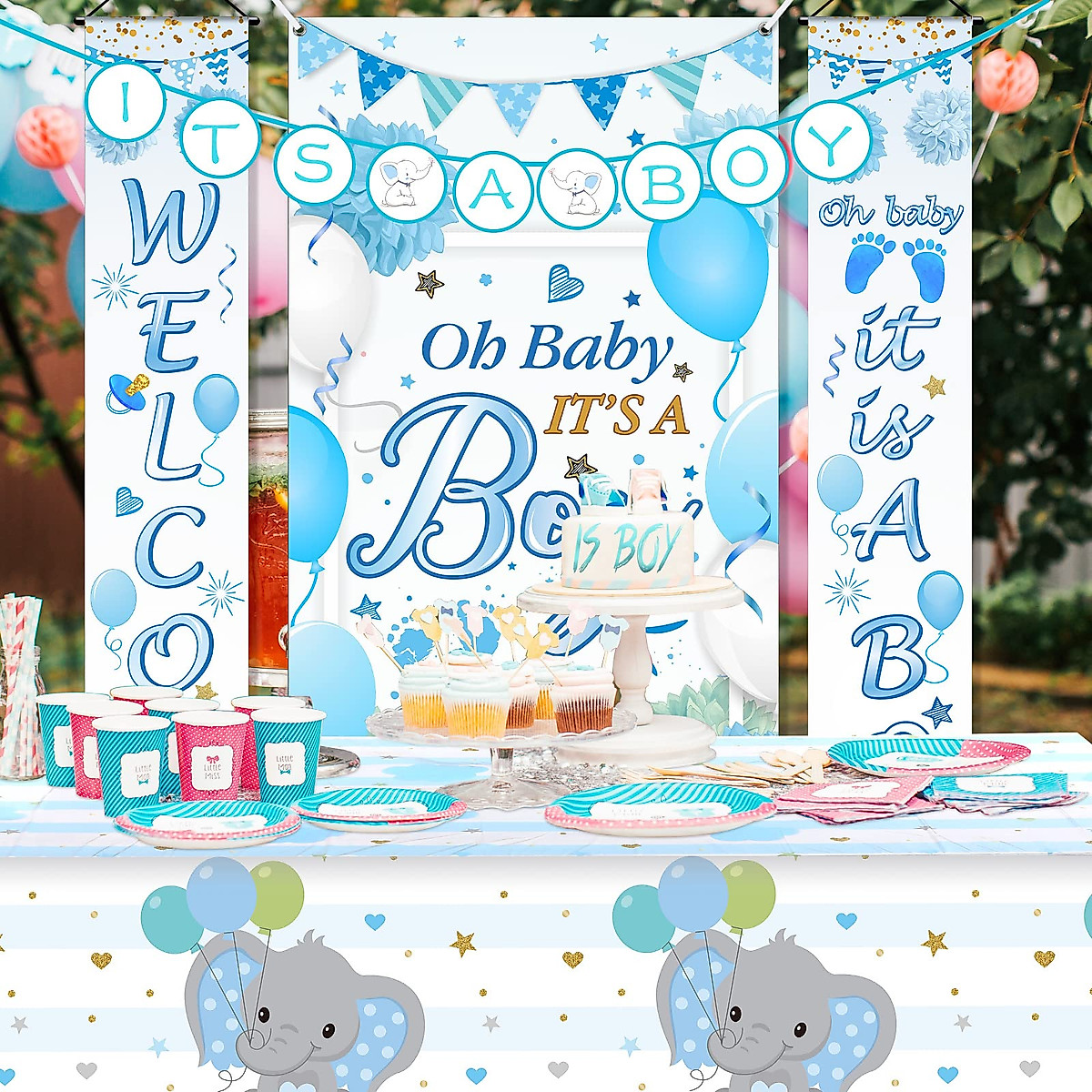 Redbaker Baby Shower Decorations Welcome It is a Boy Baby Shower Door Hanging Porch Sign Baby Shower Party Door Cover Banner Blue Boy Baby Backdrop Background for Gender Reveal Party Supplies