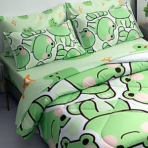 MUSOLEI 7 Piece Frog Comforter Set Frog Bedding for Kids Boys and Girls Frog sheets set Frog Bedding set Twin Size Bedding Sets for All Season (1 Comforter, 1 Flat Sheet, 1 Fitted Sheet, 4 Pillowcase)