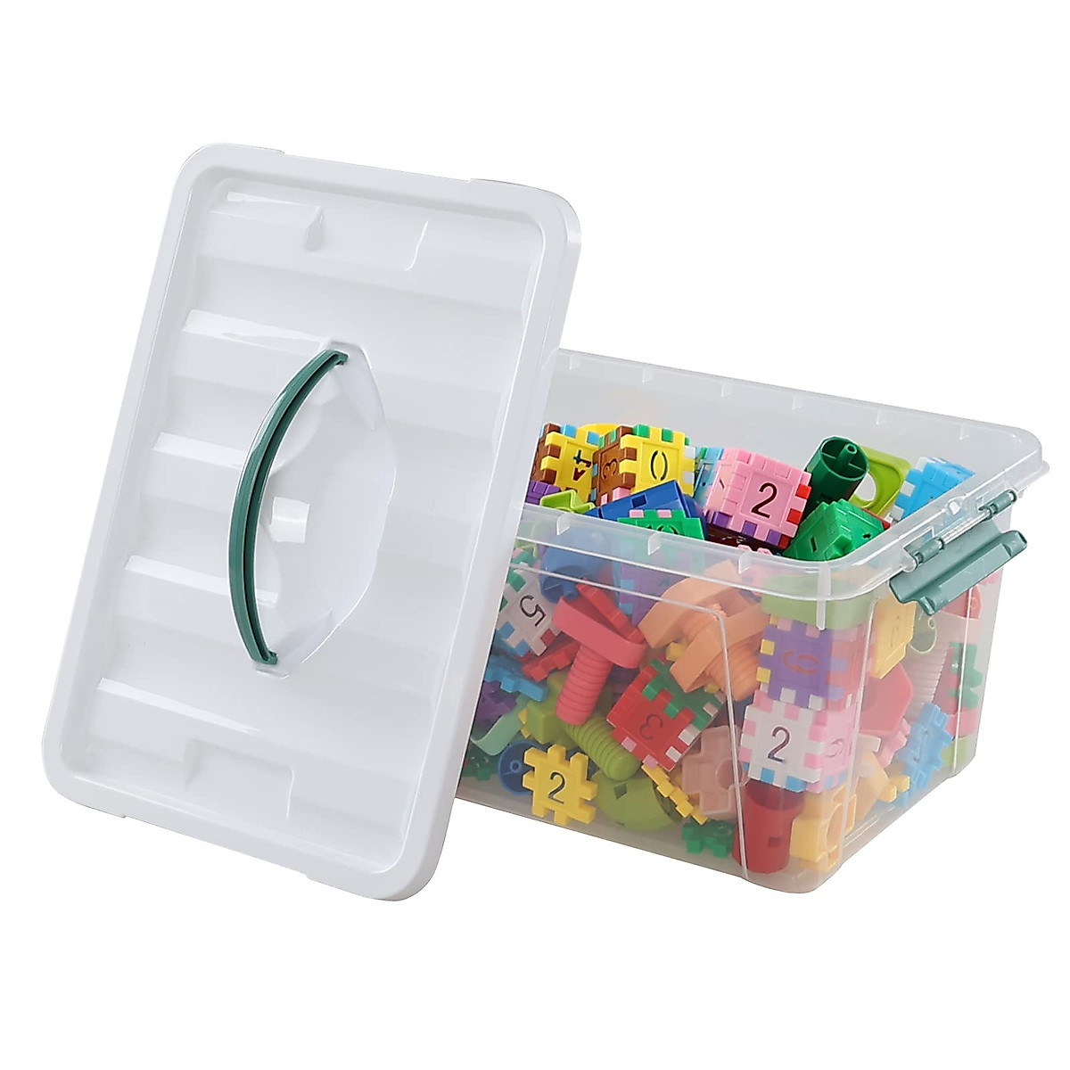 Pekky 1 Pack Plastic Small Latch Storage Box, 14 Quart Clear Lidded Storage Bin with Green Handle