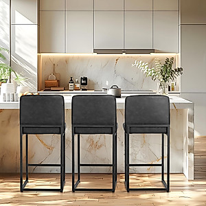 ALPHA HOME Counter Height Bar Stools, 24” Kitchen Counter Stools Set of 1, Pu Leather Kitchen Modern Bar Chairs with Back&Footrest, Sturdy Chromed Metal Steel Frame, Black