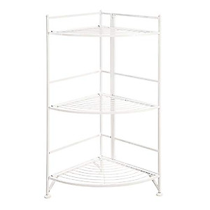 Convenience Concepts Xtra Storage 3 Tier Wide Folding Metal Shelf, White & Xtra Storage 3 Tier Corner Folding Metal Corner Shelf, White