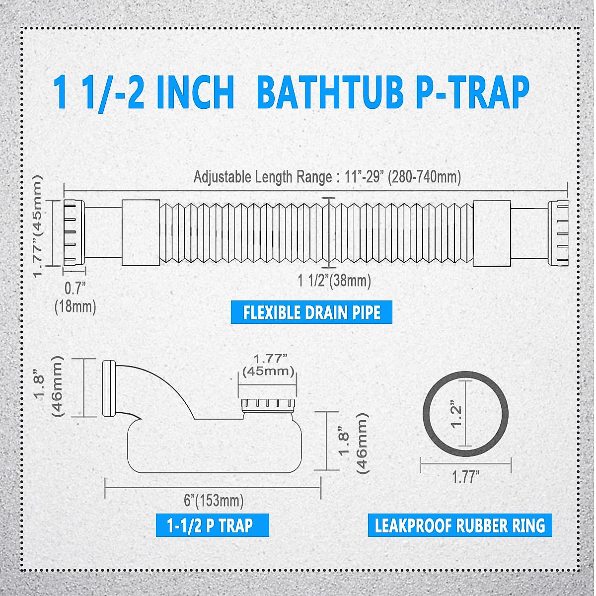 Low Profile 1 1/2 P Trap, Flexible Bathtub Shower Drain Pipe, Flat P Trap Freestanding Tub Drain for Bath