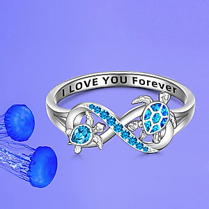Sea Turtle Ring Blue Opal 925 Turtle Rings for Women Sterling Silver Infinity Cute Ocean Tortoise Jewelry I Love You Forever BFF Mother Day Christmas Gifts Size 6