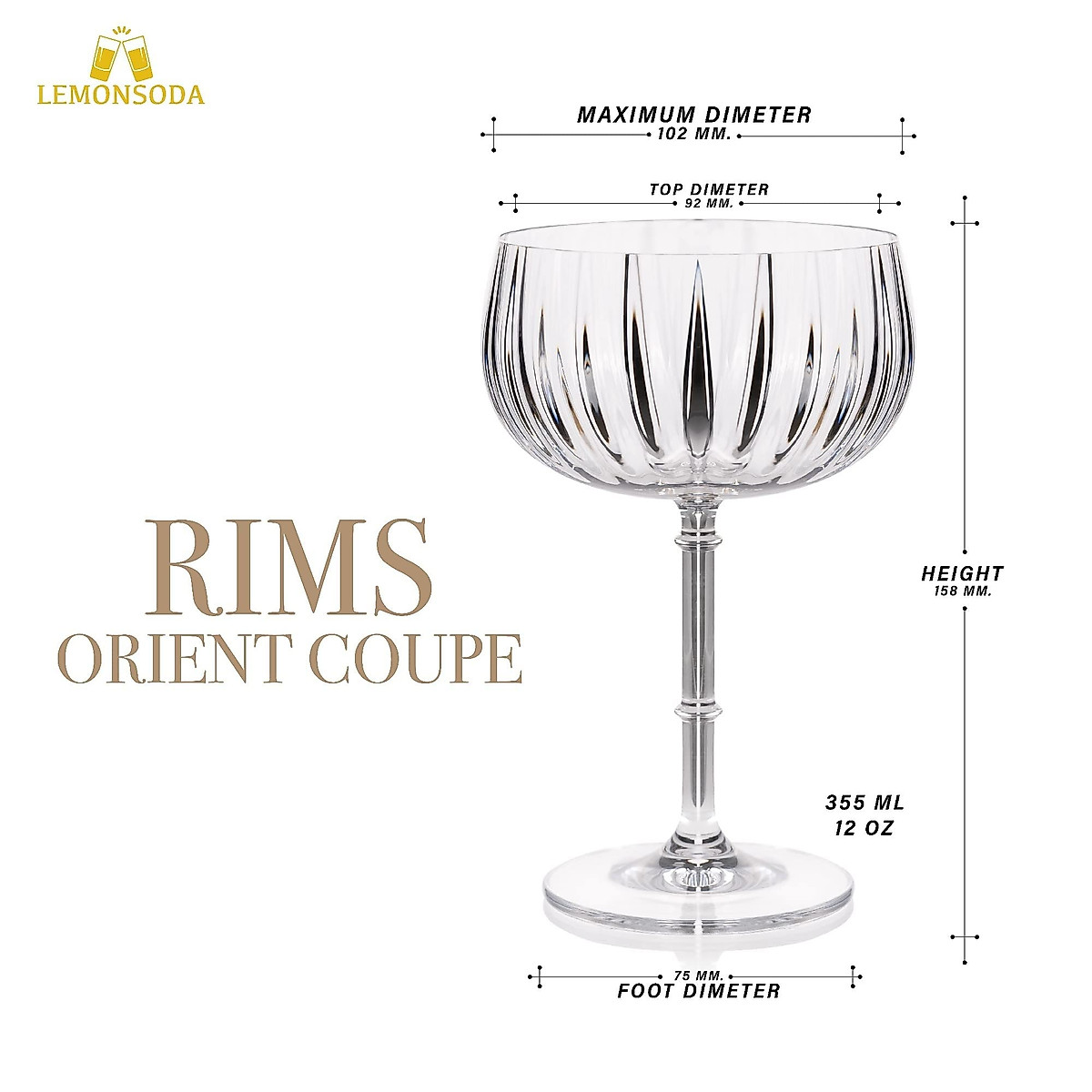 LEMONSODA Rims Orient-Coupe Cocktail Glasses - Quality Crystal Glass - Lead-free, Crystal Clear, Elegant Design, Luxury Cocktail Glass - Extra Durable - Set of 2 (Coupe)