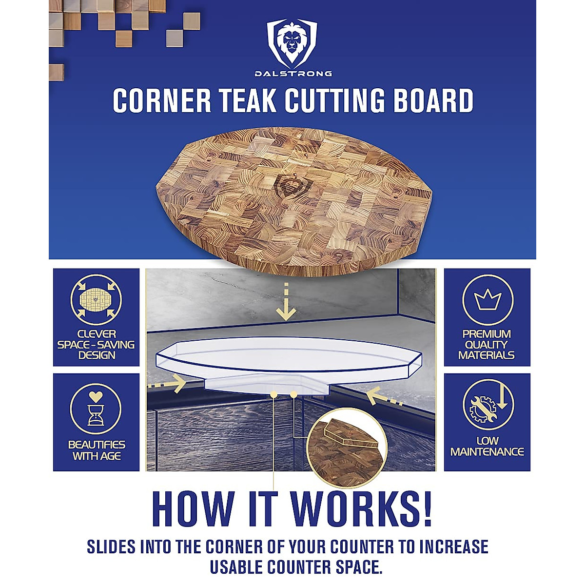 DALSTRONG Corner Counter Cutting Board - Lionswood End-Grain Teak Wood bundled with Slicing & Carving Knife - 12" - Offset Blade - Shadow Black Series