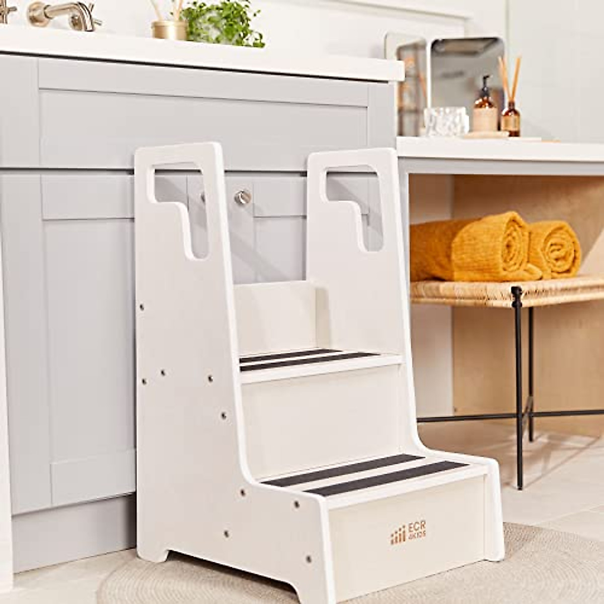 ECR4Kids Reach-Up Step Stool with Handles, Children's Furniture, White Wash