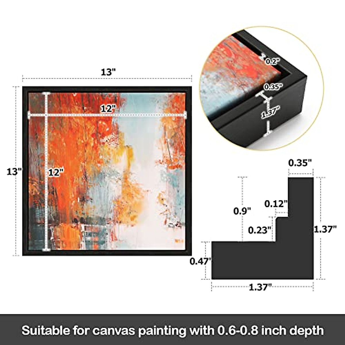 FOLKOR 12x12 Frame for Canvas Painting 0.6-0.8” Deep, 2 Pack Square Floater Frame for Canvas Prints, Floating frame for Wall Art Oil Painting Paint by Numbers Living Room Decor (Black)