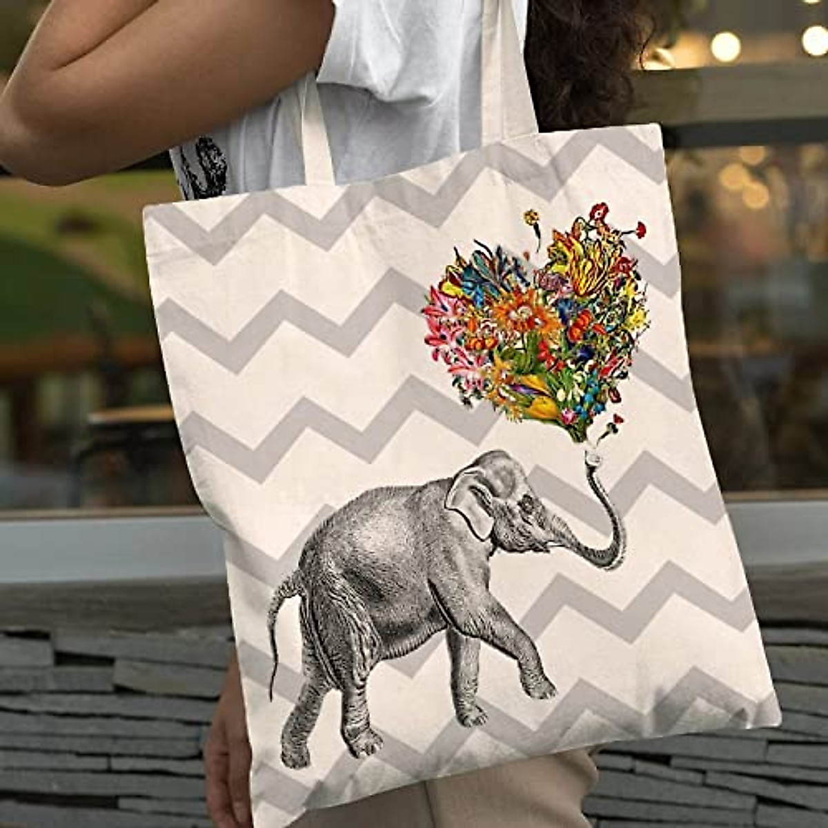 Canvas Shoulder Bag,Light Grey Geometric Ripples Elephant and Heart Flower Tote Bag for Books,Birthday Inspirational Gifts
