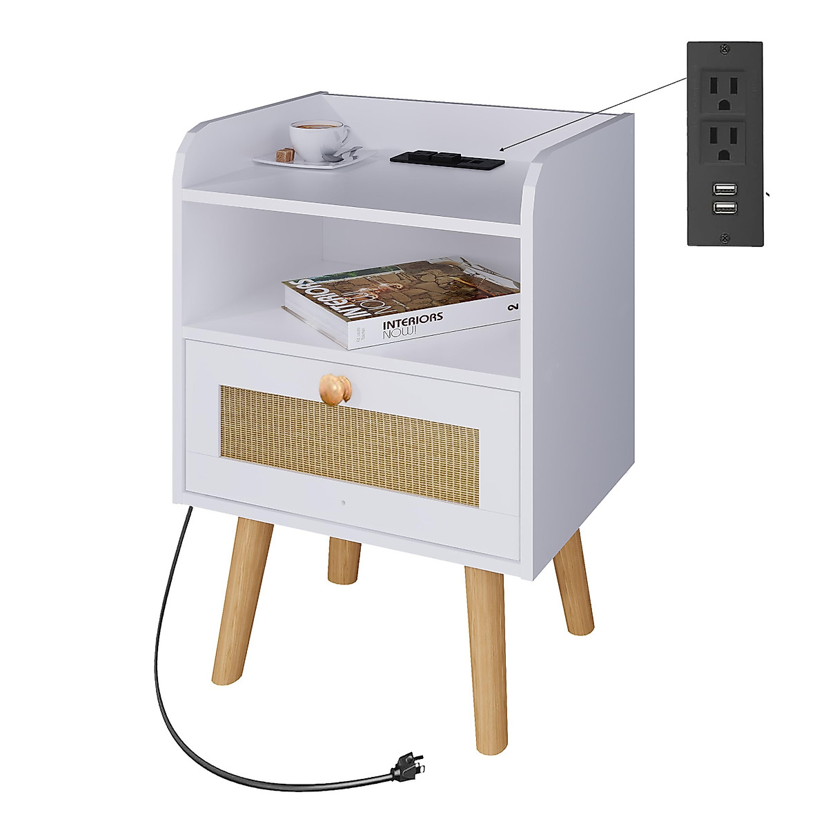 Gyger Nightstand Set of 2，Wood Nightstand with Charging Station，Bed Side Table with Rattan Decor Drawer，Small Night Table with Storage for Bedroom,White