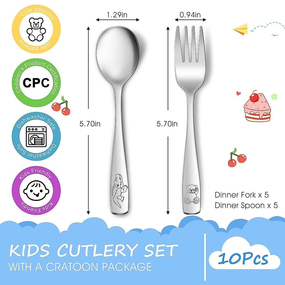 AUOIKK 10-Piece Toddler Flatware, Kids Utensils Stainless Steel Cutlery Set, Children Safe Spoons and Forks with Ergonomic Handle, Easy to use and Dishwasher Safe (Crocodile and Bear)