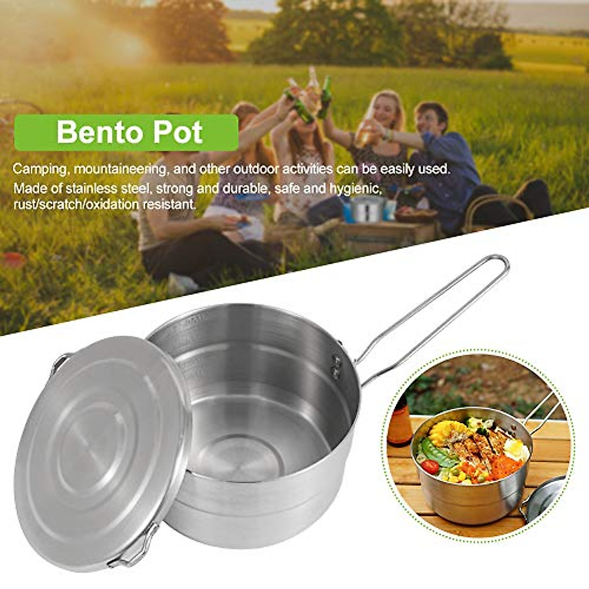 Denpetec Stainless Steel Camping Cook Pot with Lid and Folding Handle Camping Cookware 1.5L Large Capacity Bento Pot for Camping, Hiking, Picnic