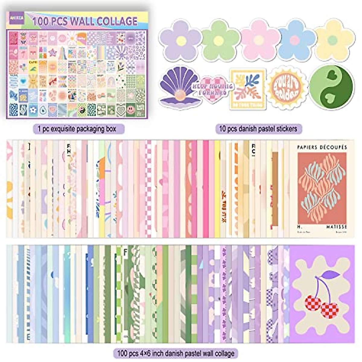 ANERZA 100 PCS Danish Pastel Room Decor, Wall Collage Kit Aesthetic Pictures, Posters for Room Aesthetic, Cute Bedroom Photo Wall Decor for Teen Girls, Dorm Trendy Matisse Wall Art, Gifts for Girls