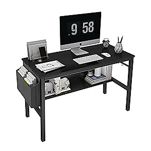 AWQM Modern Home Office Desk, Computer Desk with Side Bag, Storage Shelves and Iron Hook, Work Table, Study Writing Table, Gaming Desk, Workstation for Small Spaces, Black