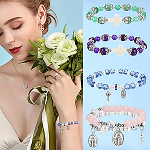 LOLIAS 8Pcs Rosary Beads Catholic Stretch Bracelets for Women Crystal Cross Bracelet with Crucifix and Miraculous Medal