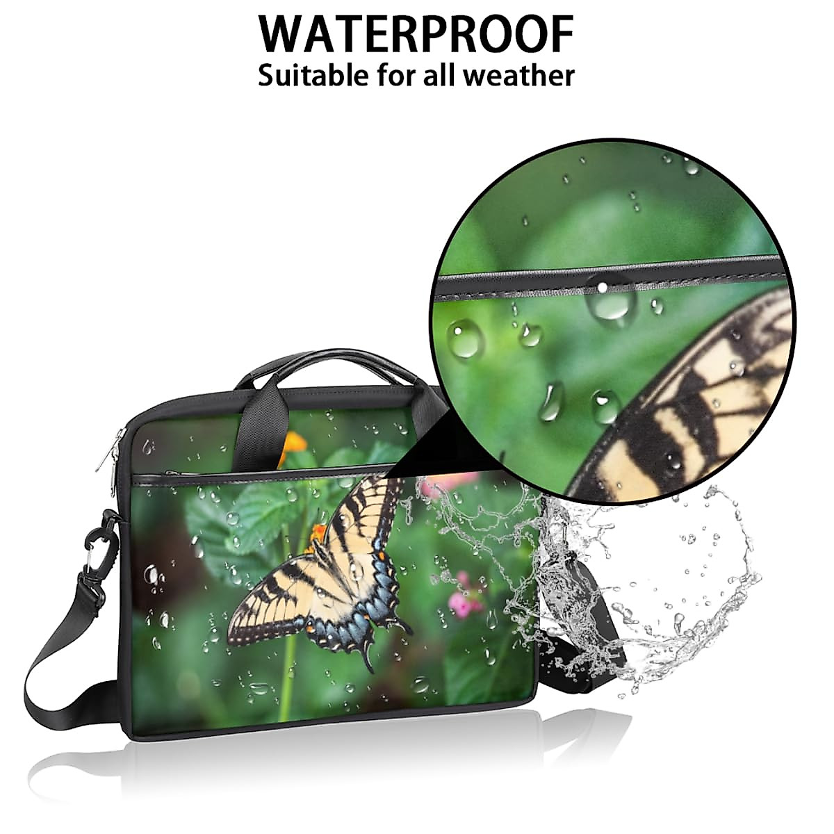 Butterfly Flower Design Laptop Computer Bag Waterproof Shoulder Messenger Bag 13-15 inch Durable Laptop Tote Bag with Shoulder Strap Handle Lightweight Crossbody Briefcase